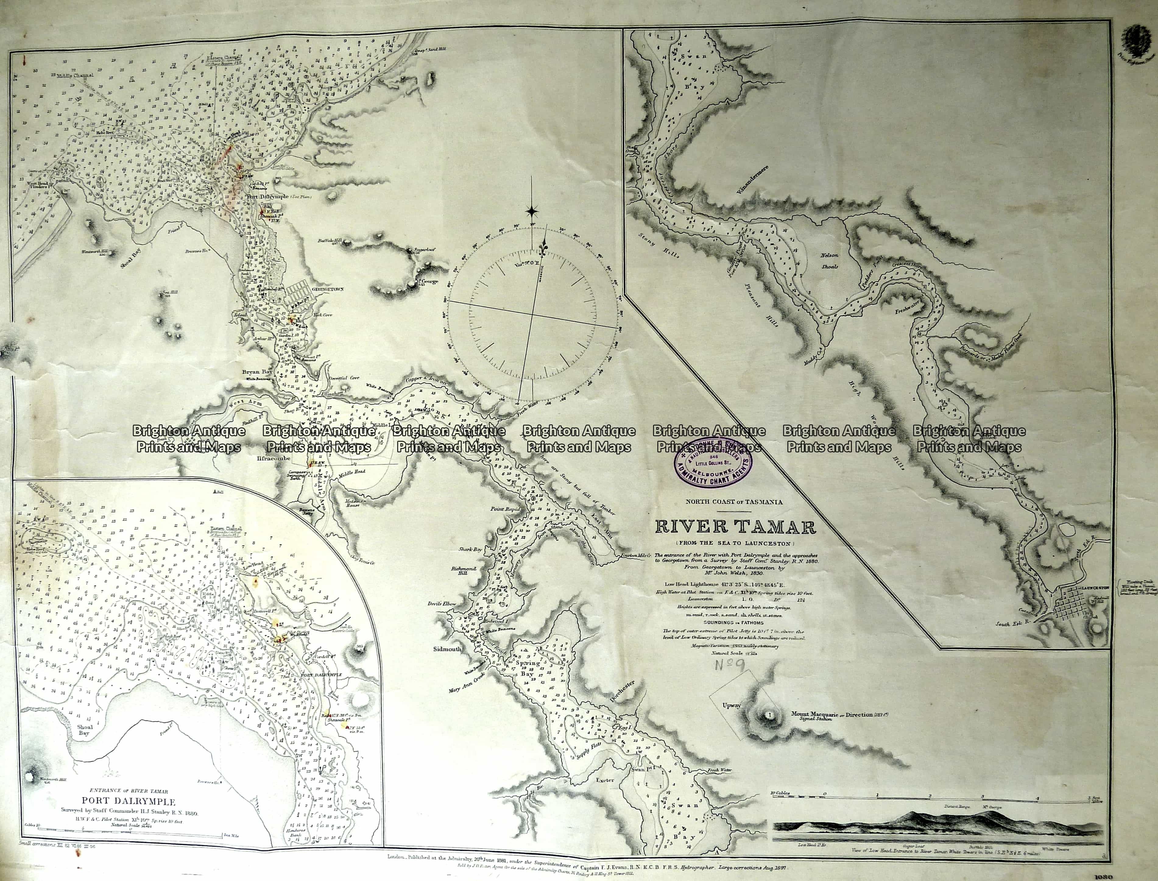 Antique Map 13-98 Tasmania - Navigation Chart - River Tamar c.1881 ...