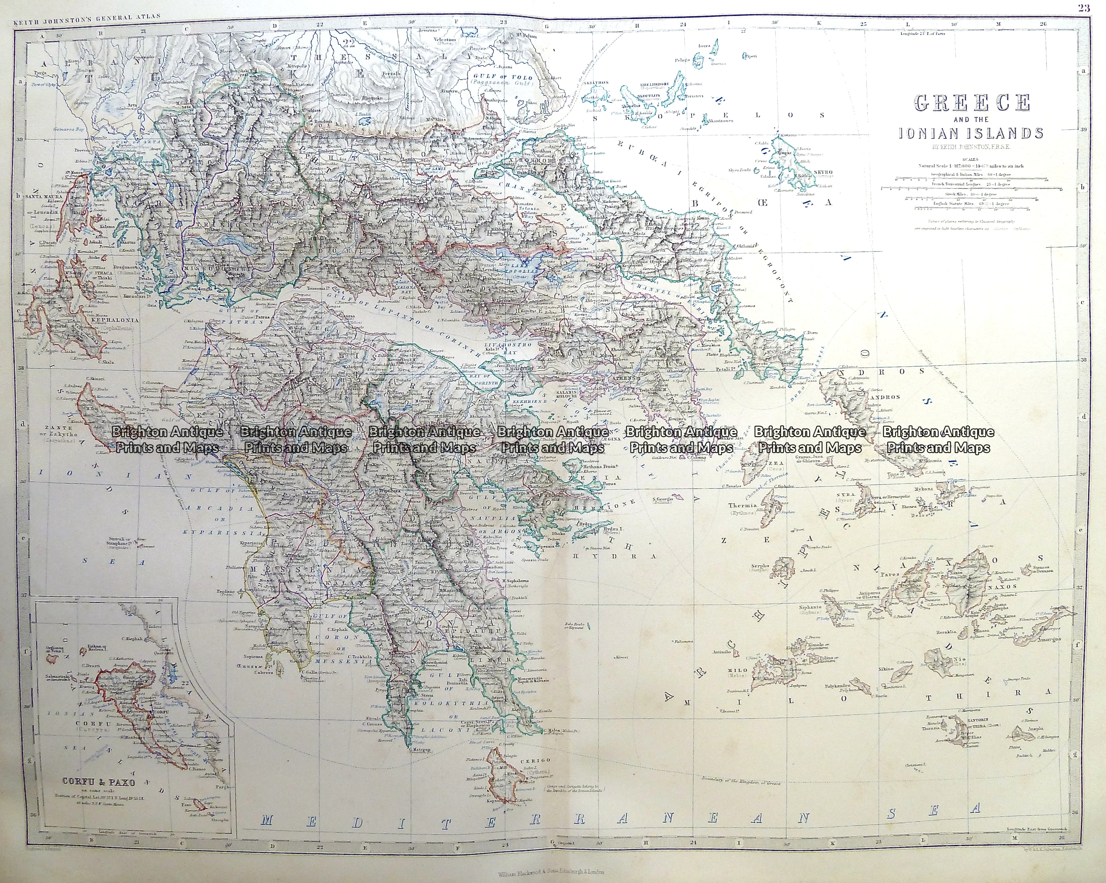 Antique Map 3-398 Greece and Ionian Islands by Johnston c.1864 ...