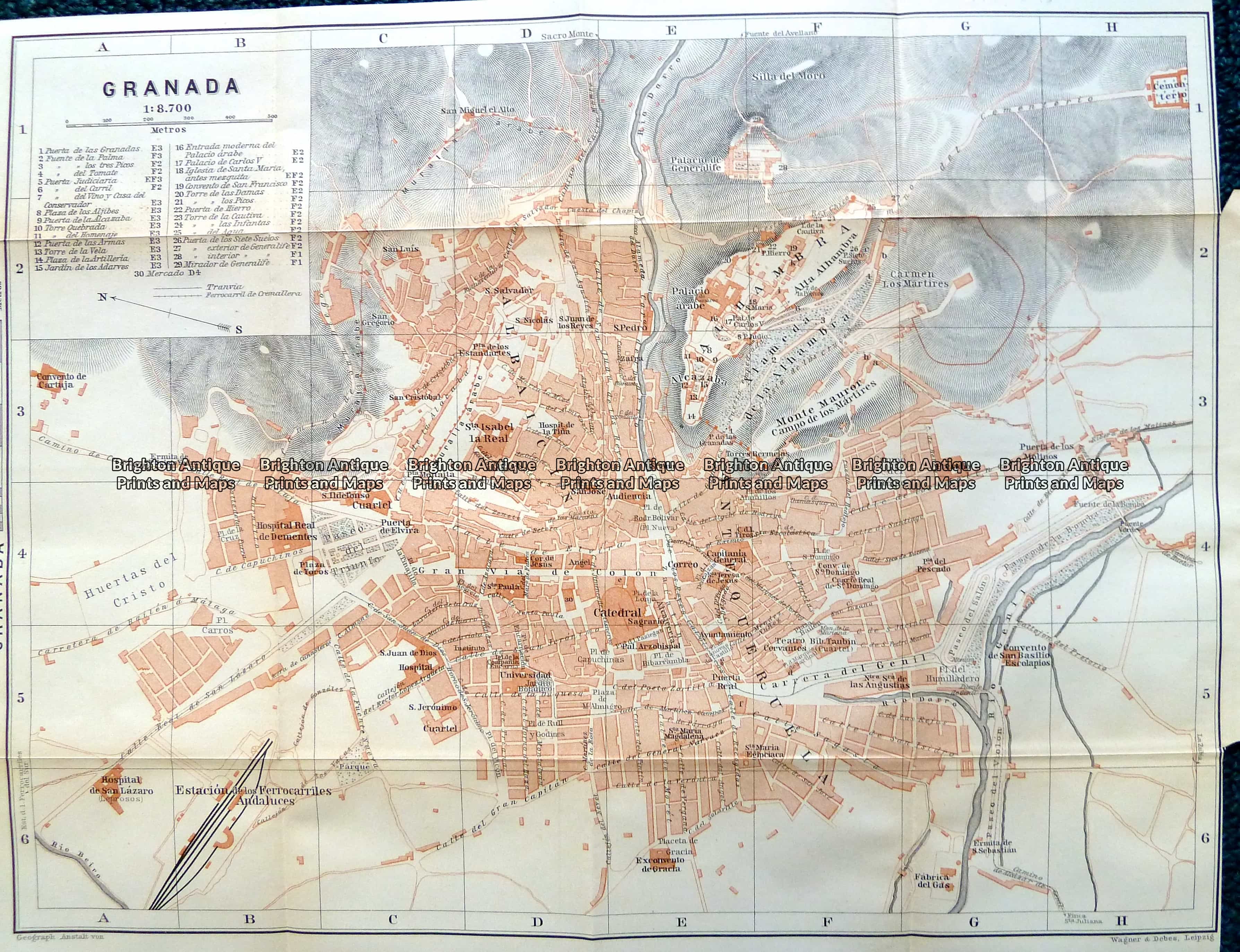 Antique Map 5-187 Spain - Granada street map by Wagner & Dubes c.1911 ...